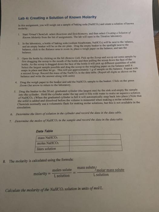 Solved Lab 4: Creating a Solution of Known Molarity In this | Chegg.com