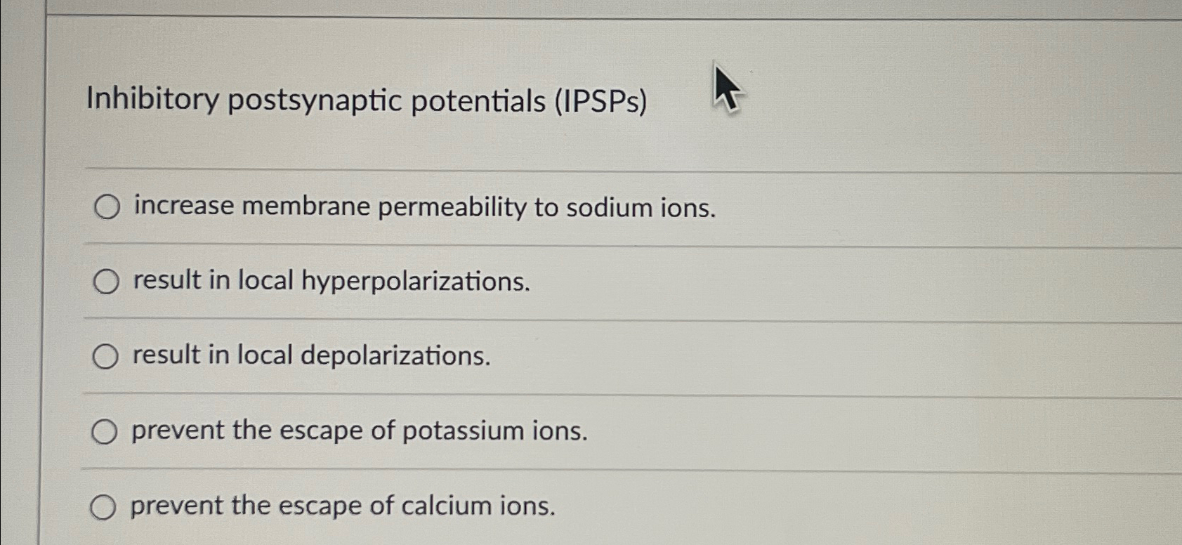 Solved Inhibitory postsynaptic potentials (IPSPs)increase | Chegg.com