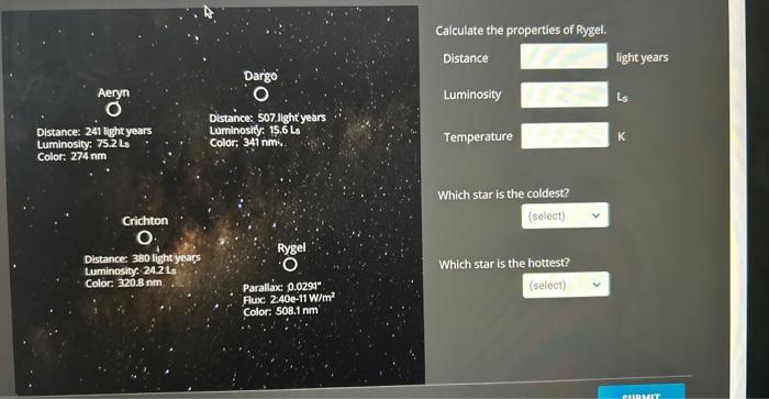 Solved Calculate the properties of Rygel. Distance light | Chegg.com