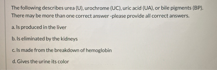 Solved The following describes urea (U), urochrome (UC), | Chegg.com