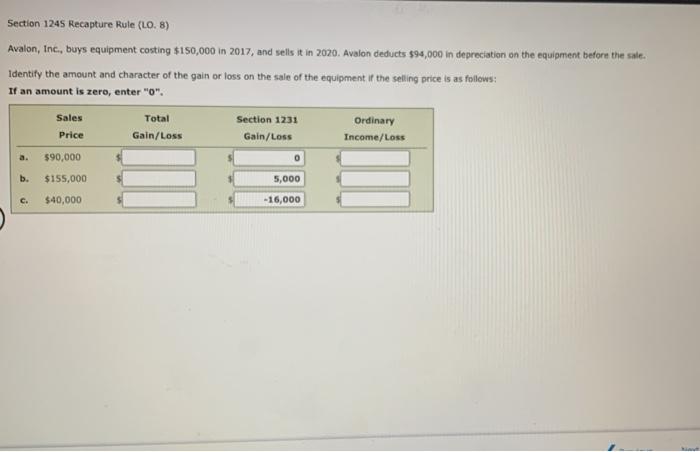 Solved Section 1245 Recapture Rule (LO. 8) Avalon, Inc., | Chegg.com