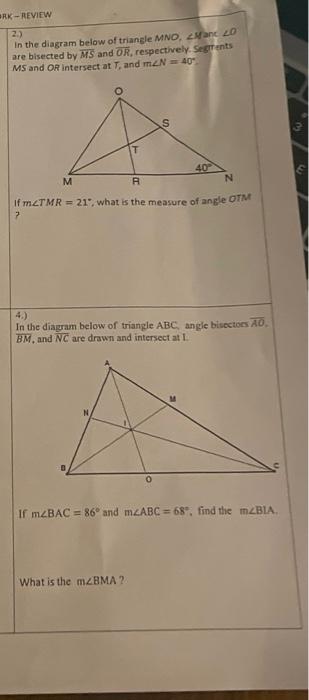 Solved RK - REVIEW 2) In the diagram below of triangle MNO, | Chegg.com