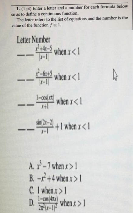 Solved 1. (1 pt) Enter a letter and a number for each | Chegg.com