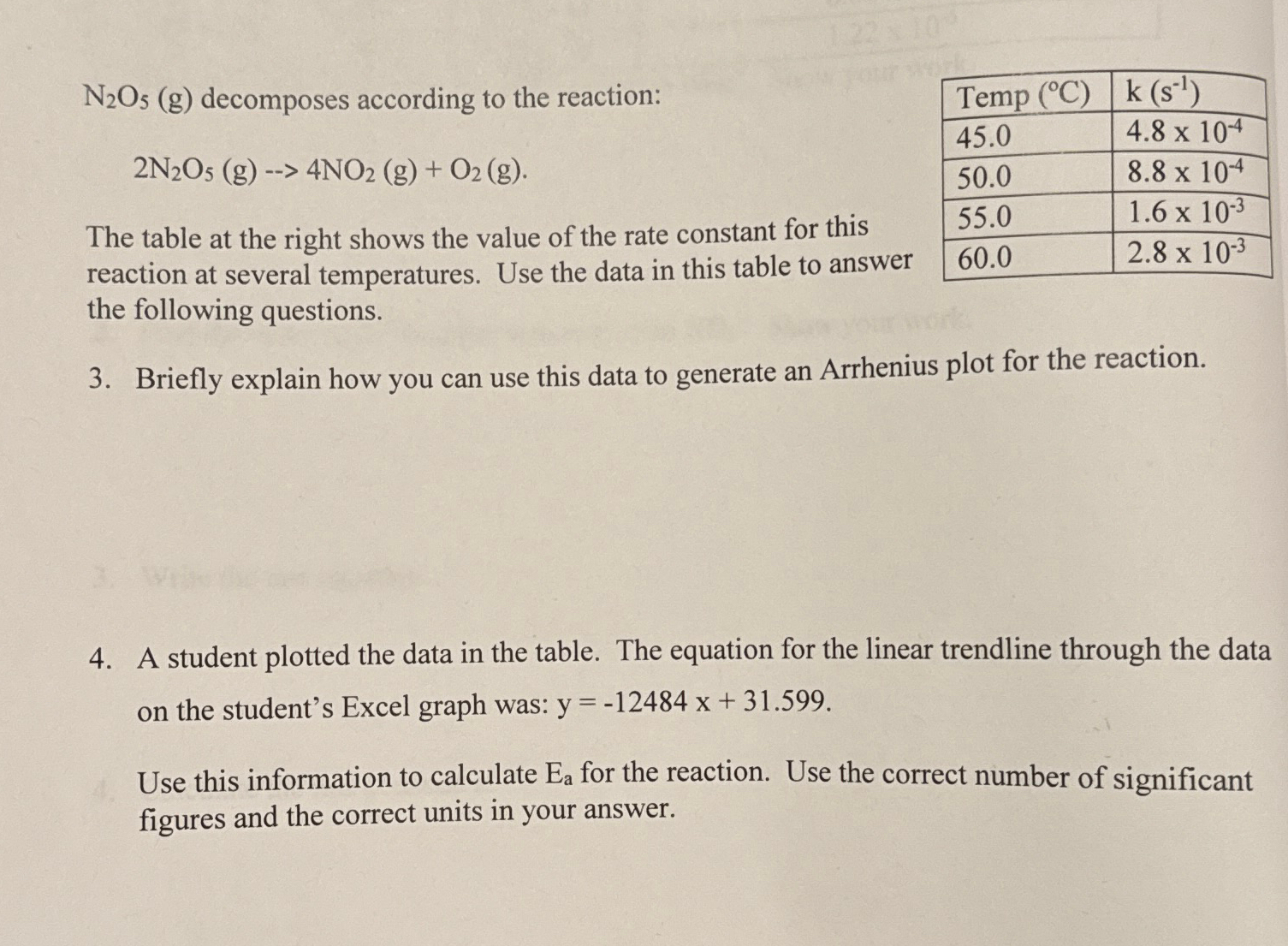 Solved N2O5 (g) ﻿decomposes according to the | Chegg.com