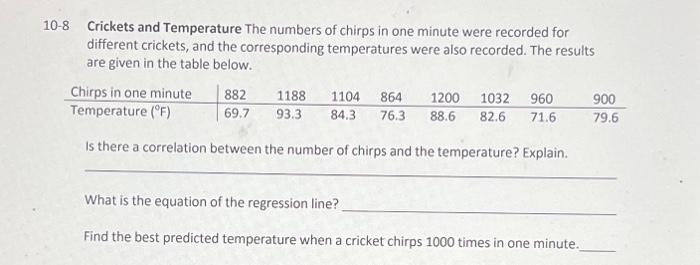 Solved 10-8 Crickets and Temperature The numbers of chirps | Chegg.com