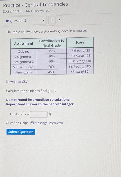Solved Practice - Central Tendencies Score: 14/1514/15 | Chegg.com