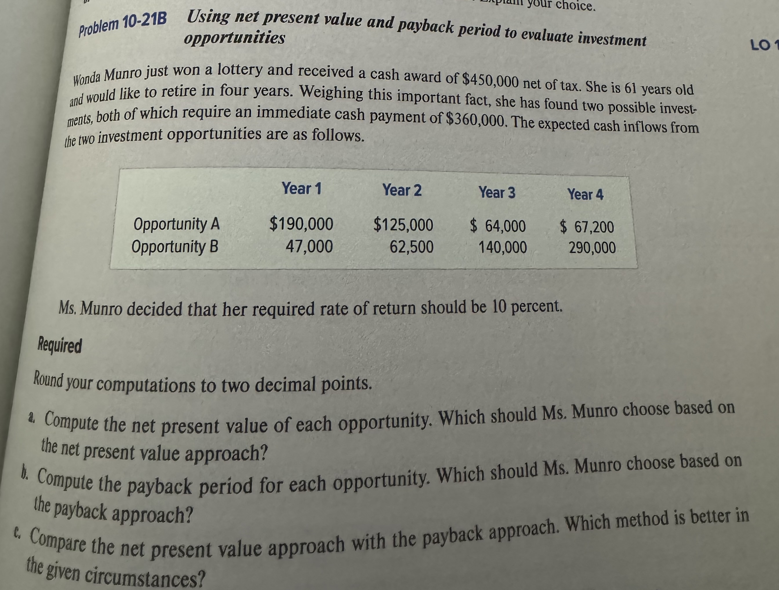 Solved problem 10-21B Using net present value and payback | Chegg.com