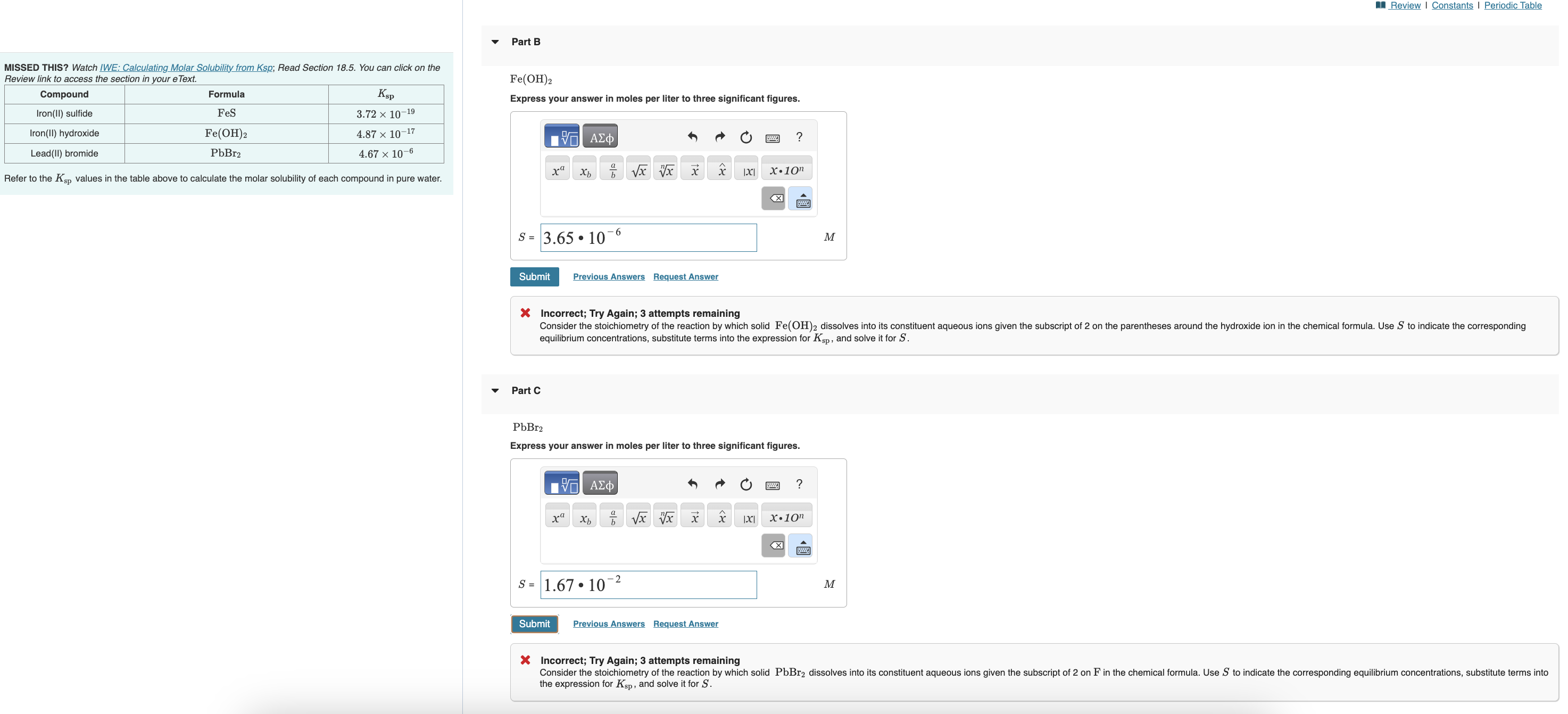 Solved MISSED THIS? Watch IWE: Calculating Molar Solubility | Chegg.com