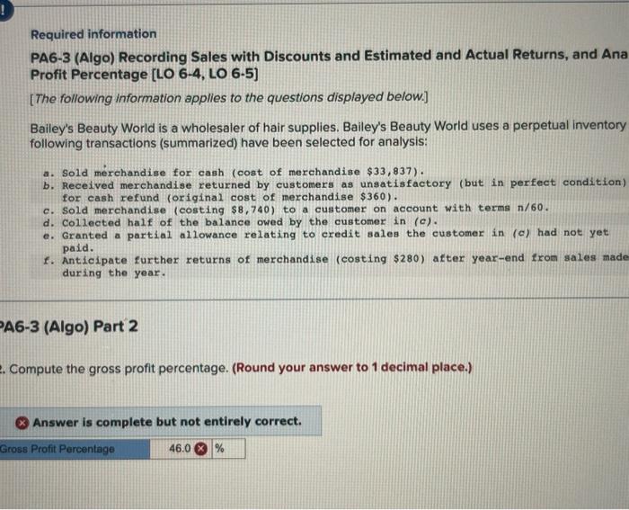 Solved Required information PA6-3 (Algo) Recording Sales | Chegg.com