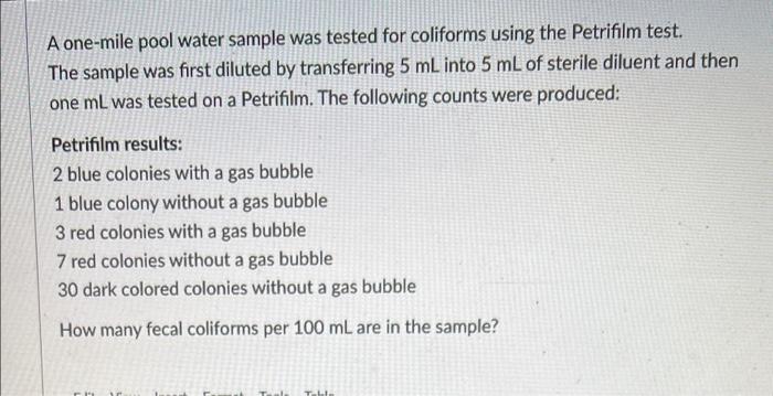 Solved A one-mile pool water sample was tested for coliforms | Chegg.com