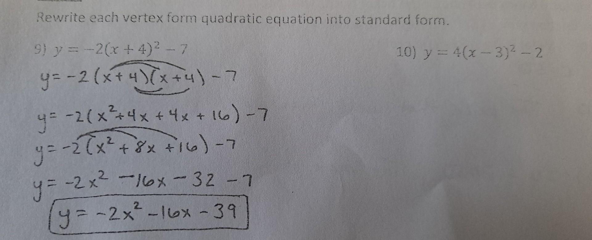 Solved Rewrite each vertex form quadratic equation into | Chegg.com