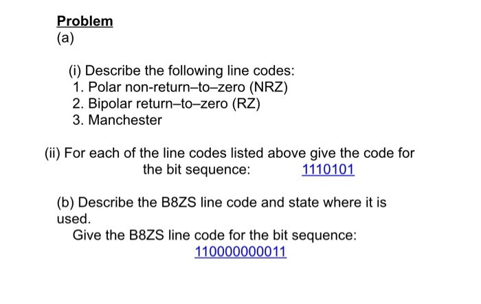 Solved Problem (a) (i) Describe the following line codes: 1. | Chegg.com