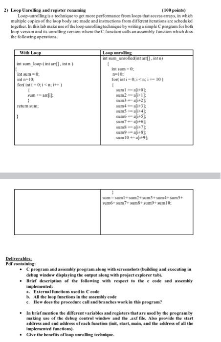 Solved 2) Loop Unrolling and register renaming (100 points) | Chegg.com