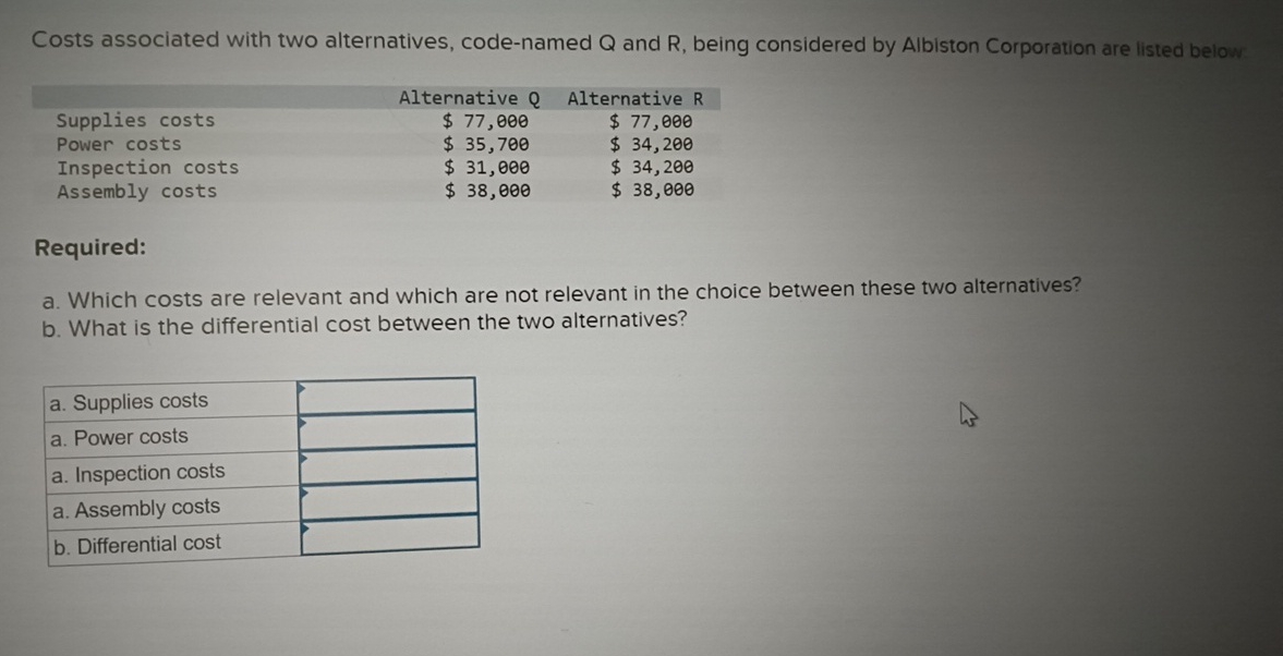 Solved Costs associated with two alternatives, code-named Q | Chegg.com