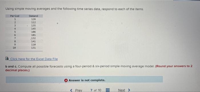 Solved Using simple moving averages and the following time | Chegg.com
