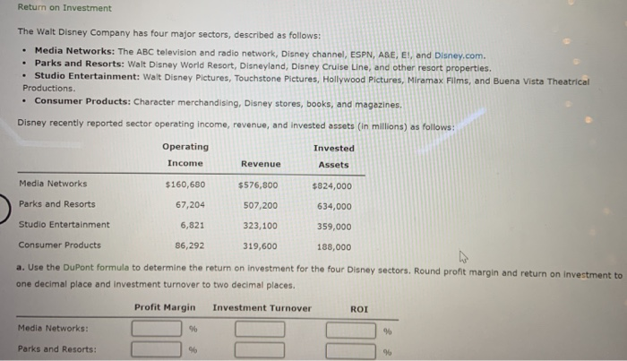 Solved Return on Investment The Walt Disney Company has four | Chegg.com