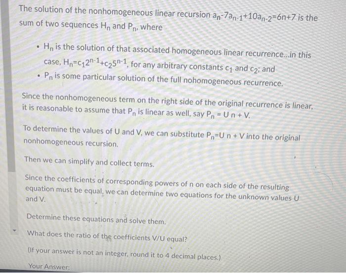 Solved The solution of the nonhomogeneous linear recursion | Chegg.com