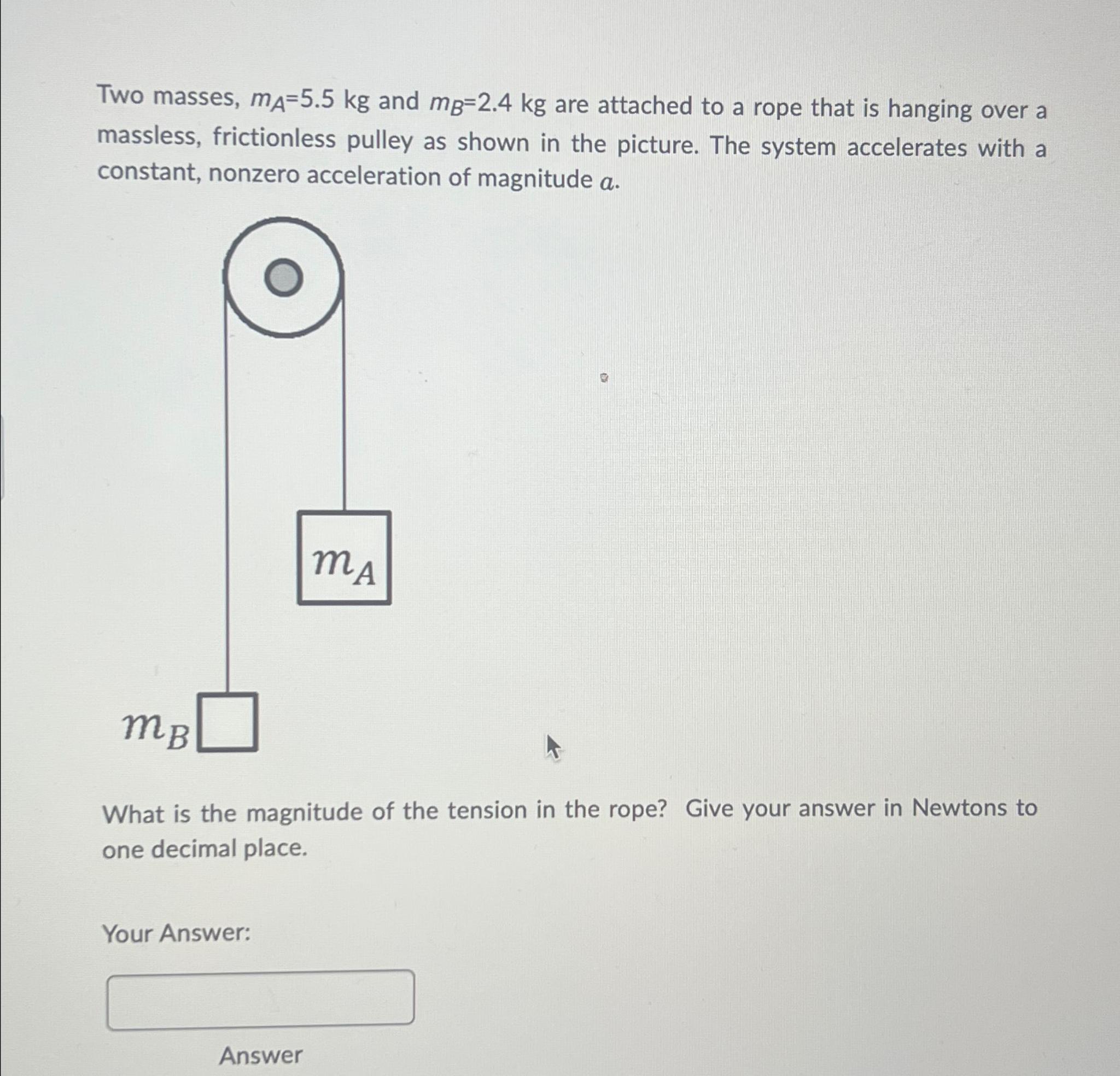 Solved Two masses, mA=5.5kg ﻿and mB=2.4kg ﻿are attached to a | Chegg.com