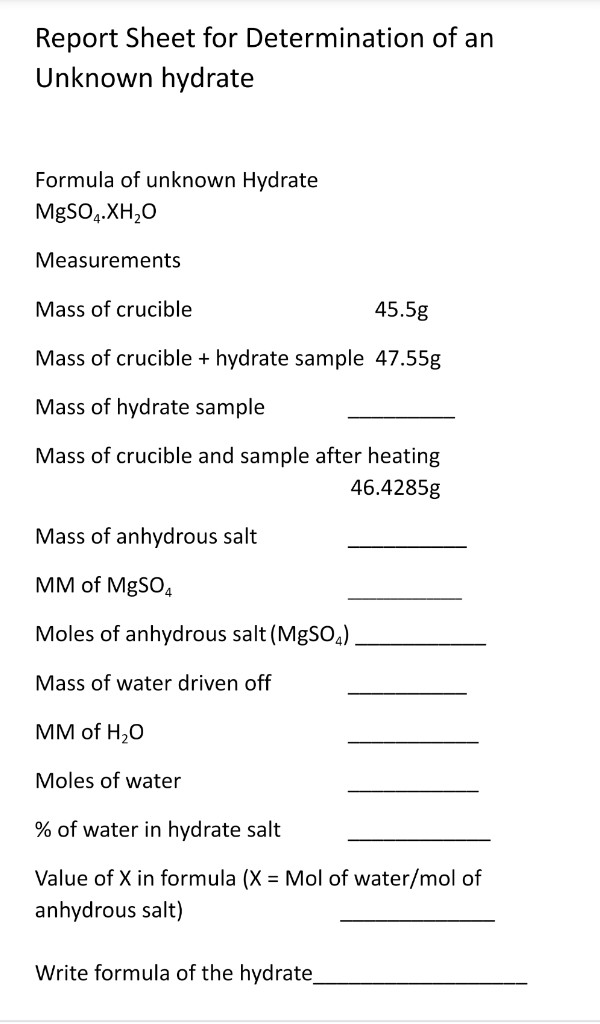 Solved Report Sheet for Determination of an Unknown hydrate | Chegg.com