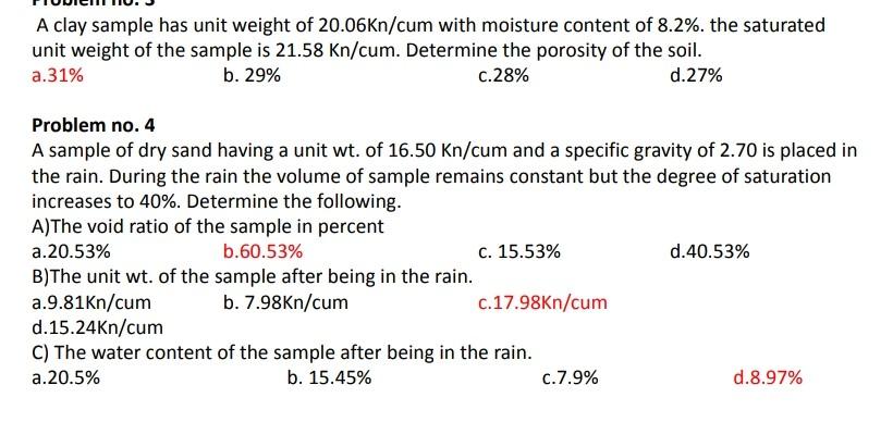Solved A clay sample has unit weight of 20.06Kn/cum with | Chegg.com