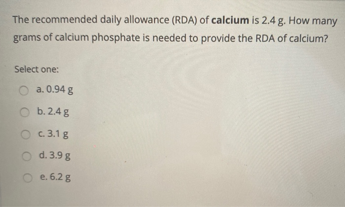 Solved The recommended daily allowance (RDA) of calcium is | Chegg.com