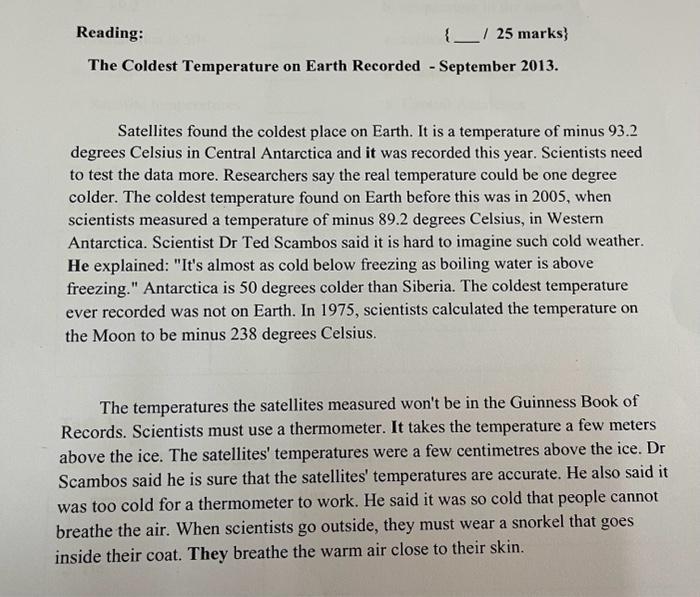 Solved The Coldest Temperature on Earth Recorded - September | Chegg.com