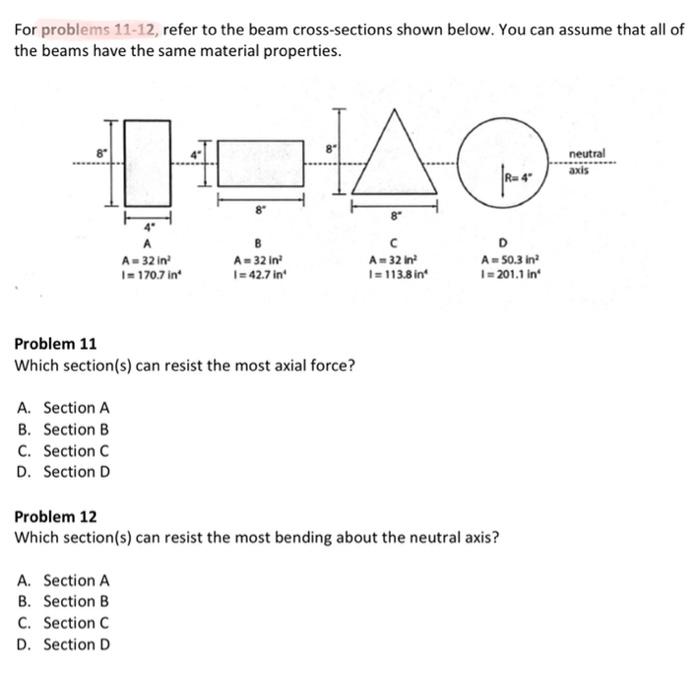 Solved For problems 11-12, refer to the beam cross-sections | Chegg.com