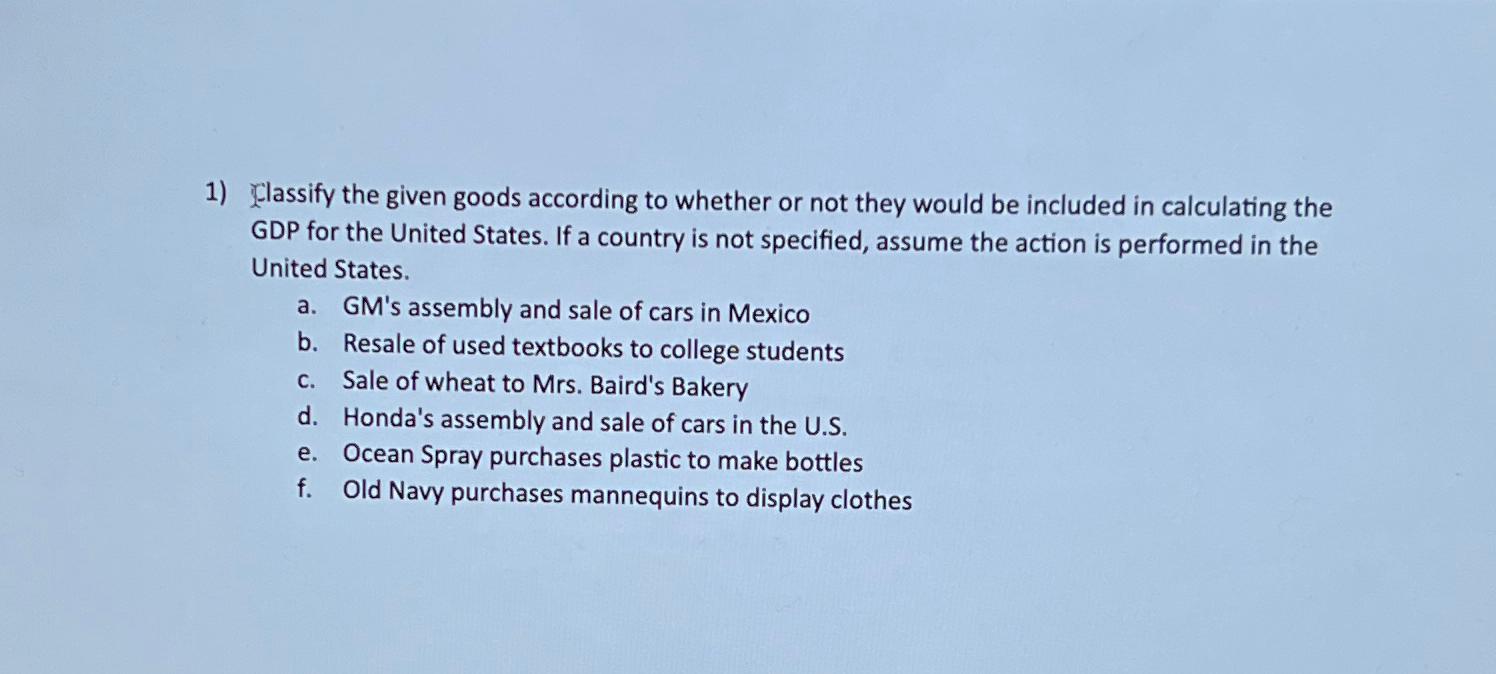 Solved Classify the given goods according to whether or not | Chegg.com