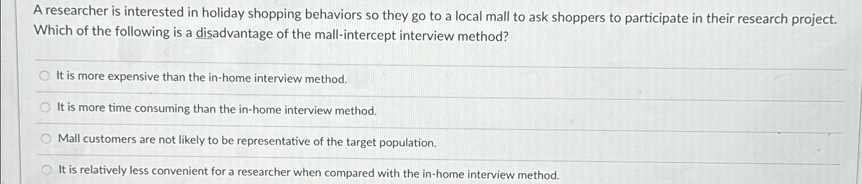 Solved A researcher is interested in holiday shopping | Chegg.com