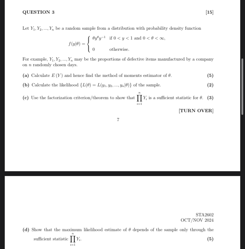 Solved by an EXPERT QUESTION 3[15]Let Y1,Y2,dots,Yn ﻿be a random sample | Chegg.com