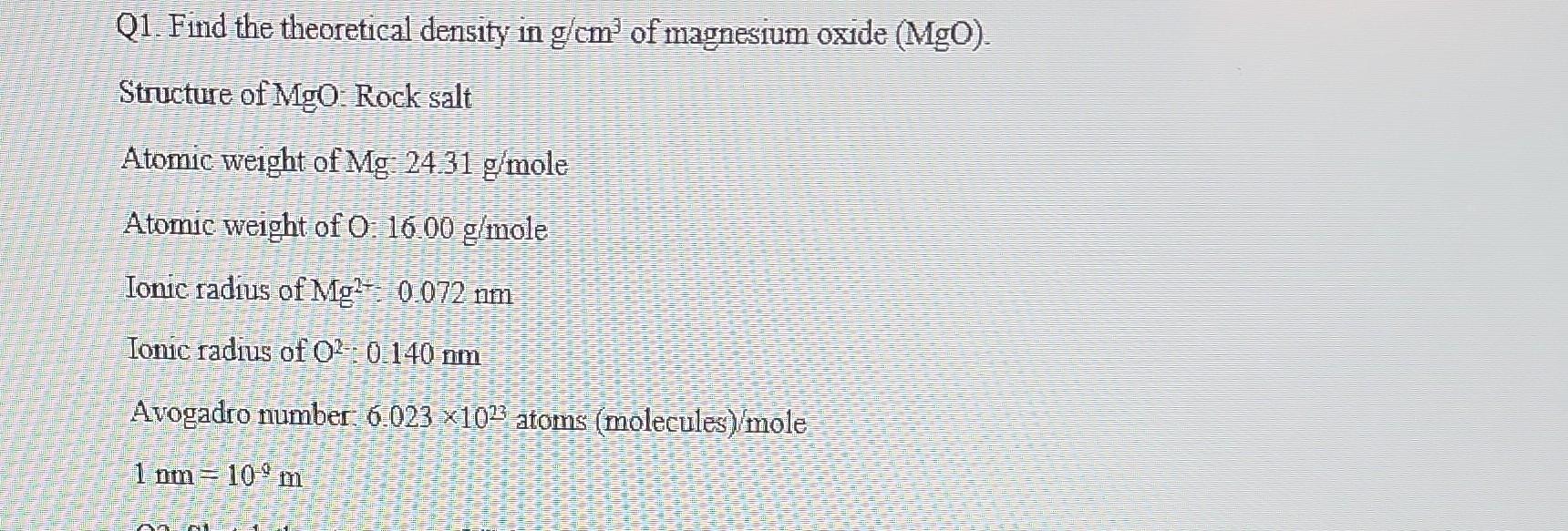 Solved Q1. Find the theoretical density in g/cm3 of | Chegg.com