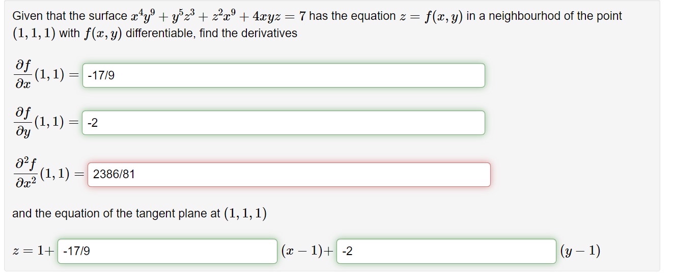 Solved Given that the surface x4y9+y5z3+z2x9+4xyz=7 ﻿has the | Chegg.com