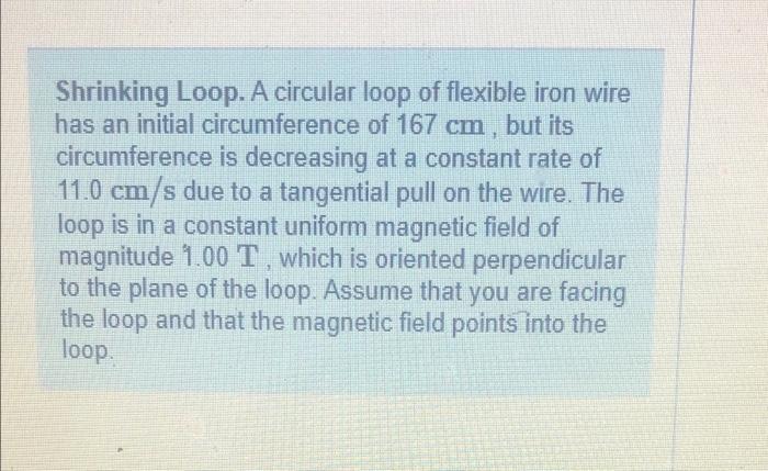 Solved Shrinking Loop. A circular loop of flexible iron wire | Chegg.com