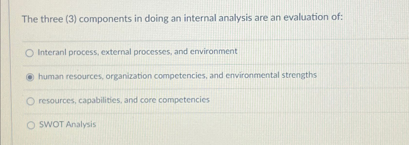 Solved The three (3) ﻿components in doing an internal | Chegg.com