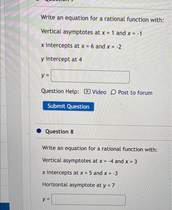 Solved Write An Equation For A Rational Function With