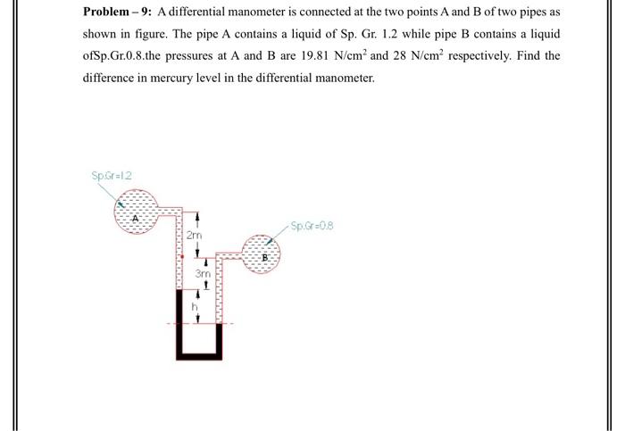Solved Problem - 9: A differential manometer is connected at | Chegg.com