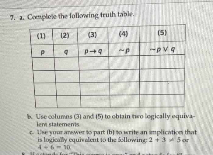 Solved 7. a. Complete the following truth table. b. Use | Chegg.com