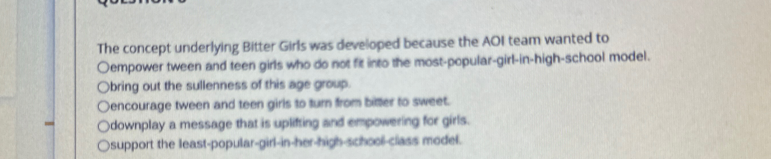 Solved The concept underlying Bitter Girls was developed | Chegg.com