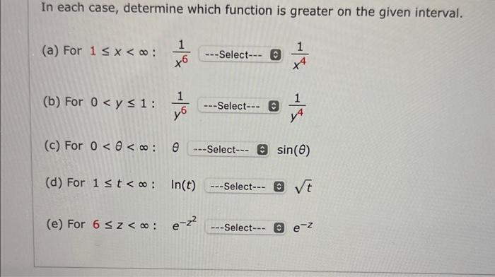 Solved In each case, determine which function is greater on | Chegg.com