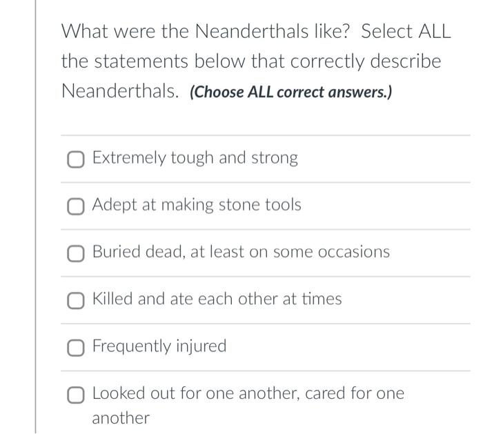 Solved What were the Neanderthals like? Select ALL the | Chegg.com