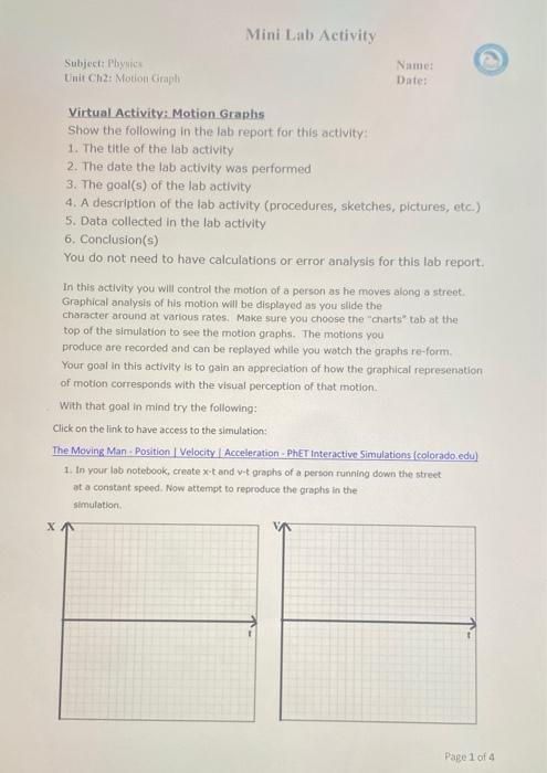 Solved Mini Lab Activity Subject Physics Unit Ch2 Motion Chegg