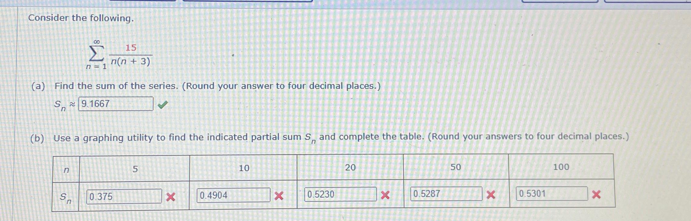 Solved Consider the following.∑n=1∞15n(n+3)(a) ﻿Find the sum | Chegg.com