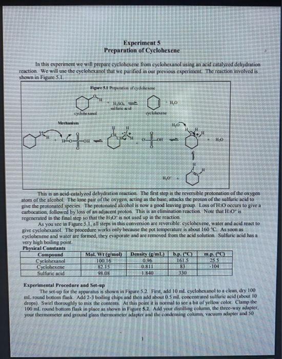 Solved Preparation of Cyclohexene In this experiment we will | Chegg.com