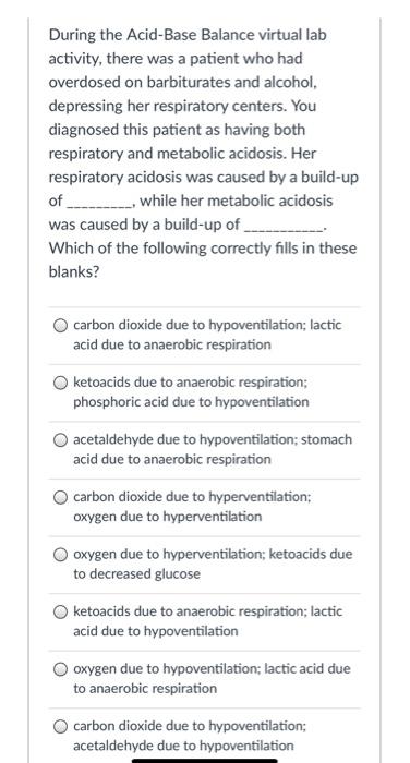 Solved During the Acid-Base Balance virtual lab activity, | Chegg.com