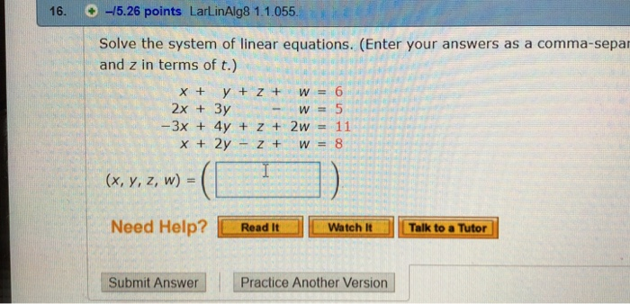 Solved 16. -15.26 points LarlinAlg8 1.1.055. Solve the | Chegg.com