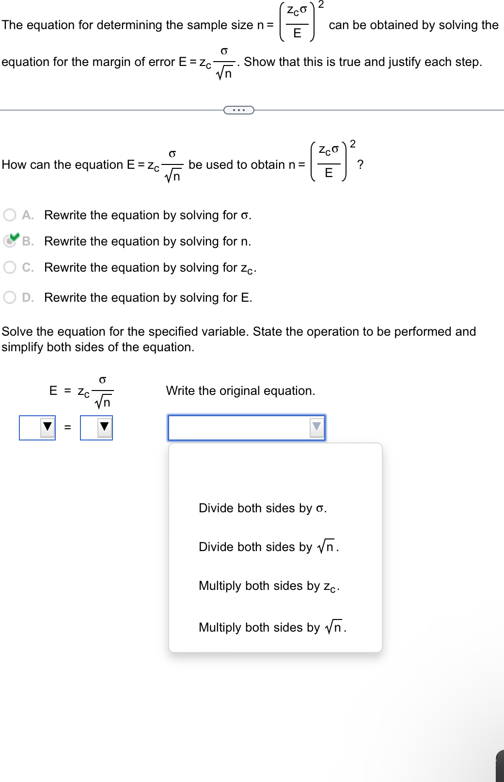 Solved The equation for determining the sample size | Chegg.com