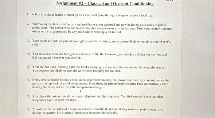 Solved Assignment #2 - Classical and Operant Conditioning 1. | Chegg.com