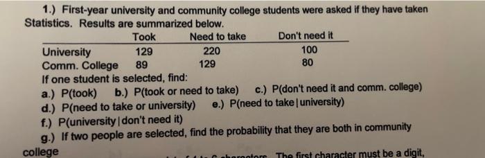 Solved 1.) First-year university and community college | Chegg.com