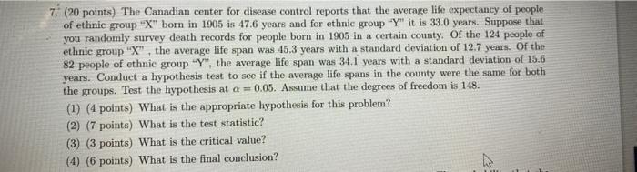 Solved 7. (20 points) The Canadian center for disease | Chegg.com
