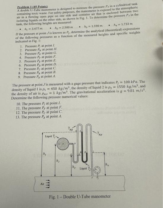 Solved Problem 1 (45 Points) A double U-Tube manometer is | Chegg.com
